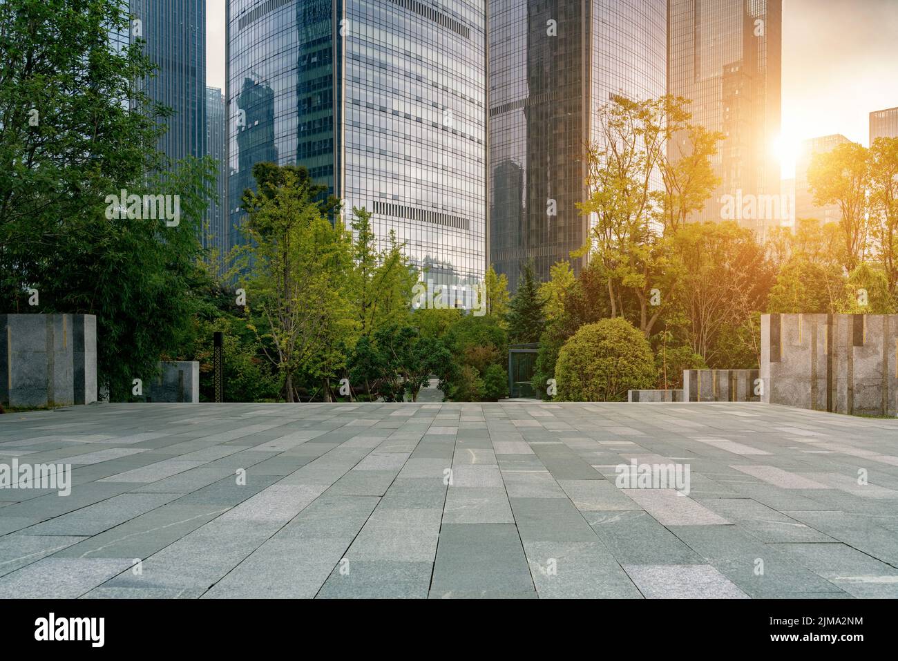 An empty ground floor in front of modern office buildings in the city ...