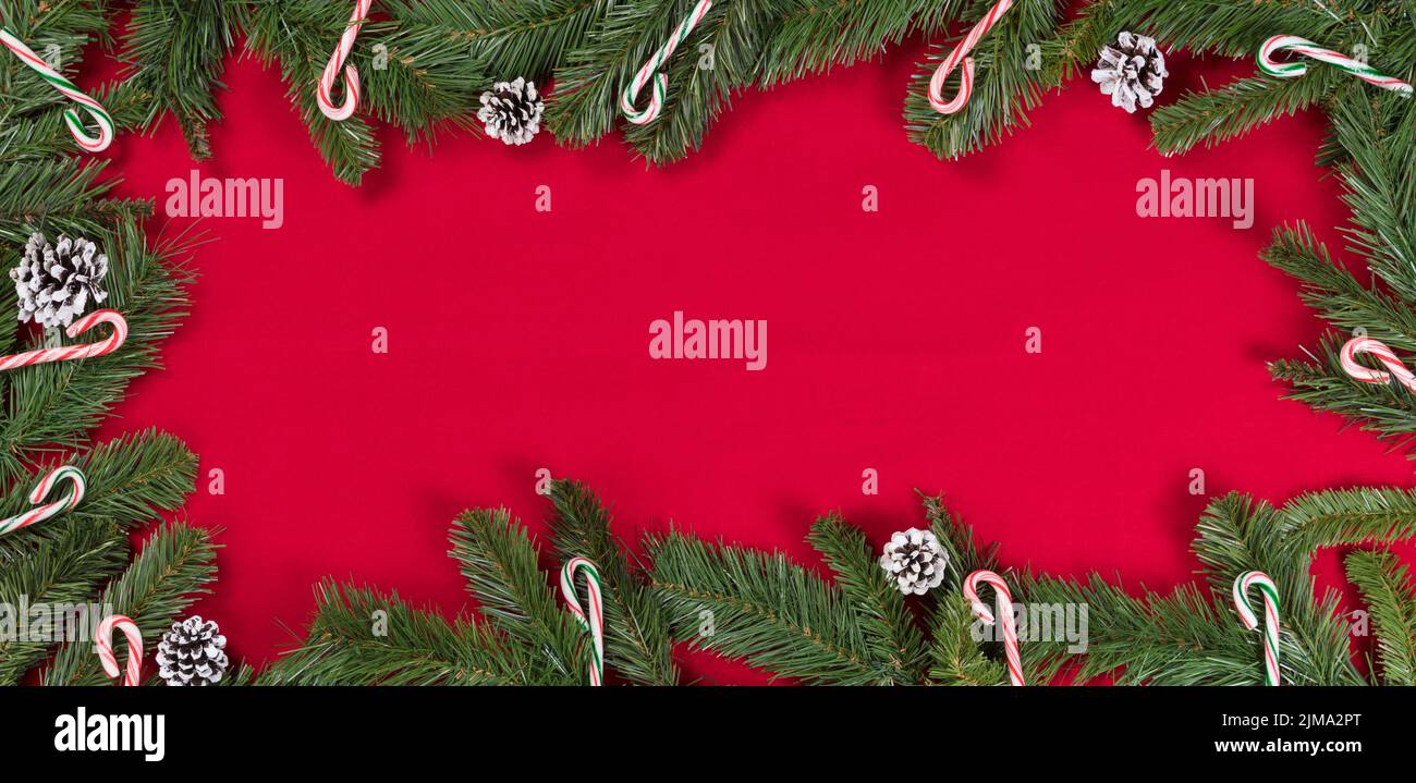 Evergreen branches and candy canes forming border on bright red cloth ...