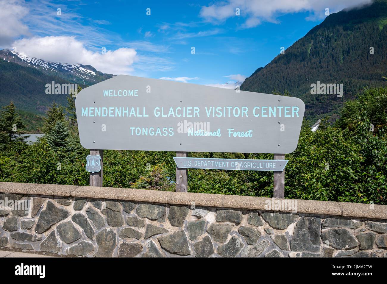 Mendenhall Glacier Visitor Center sign in the Tongass National Forest ...