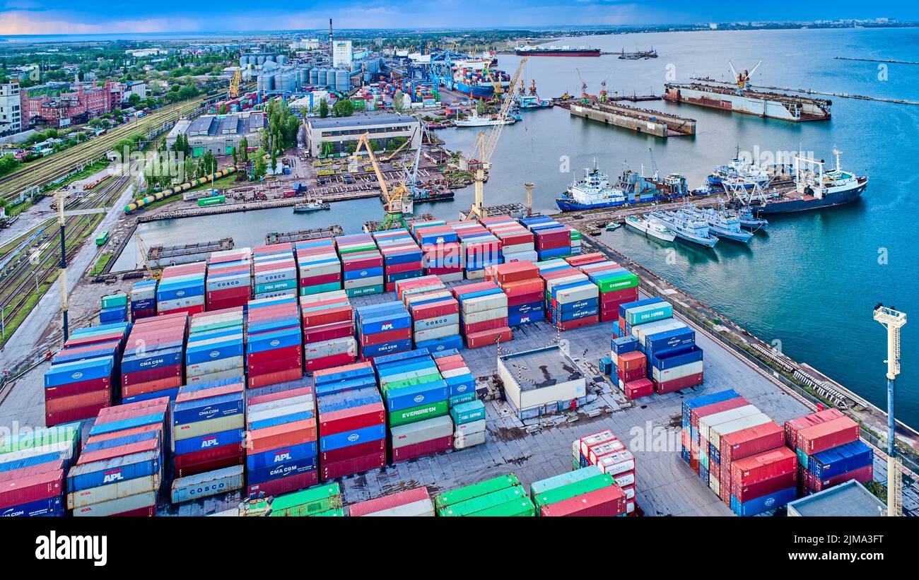 Odessa, Ukraine - May 19, 2021: Freight containers in the port terminal ...