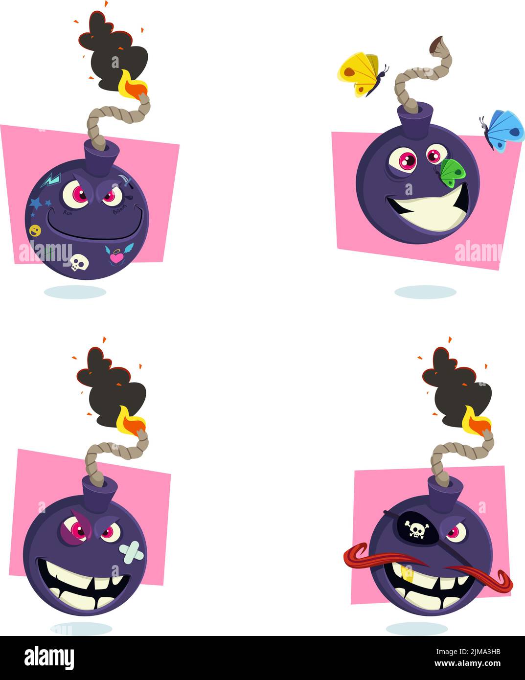 Set of evil cartoon bomb character with burning wick catching ...