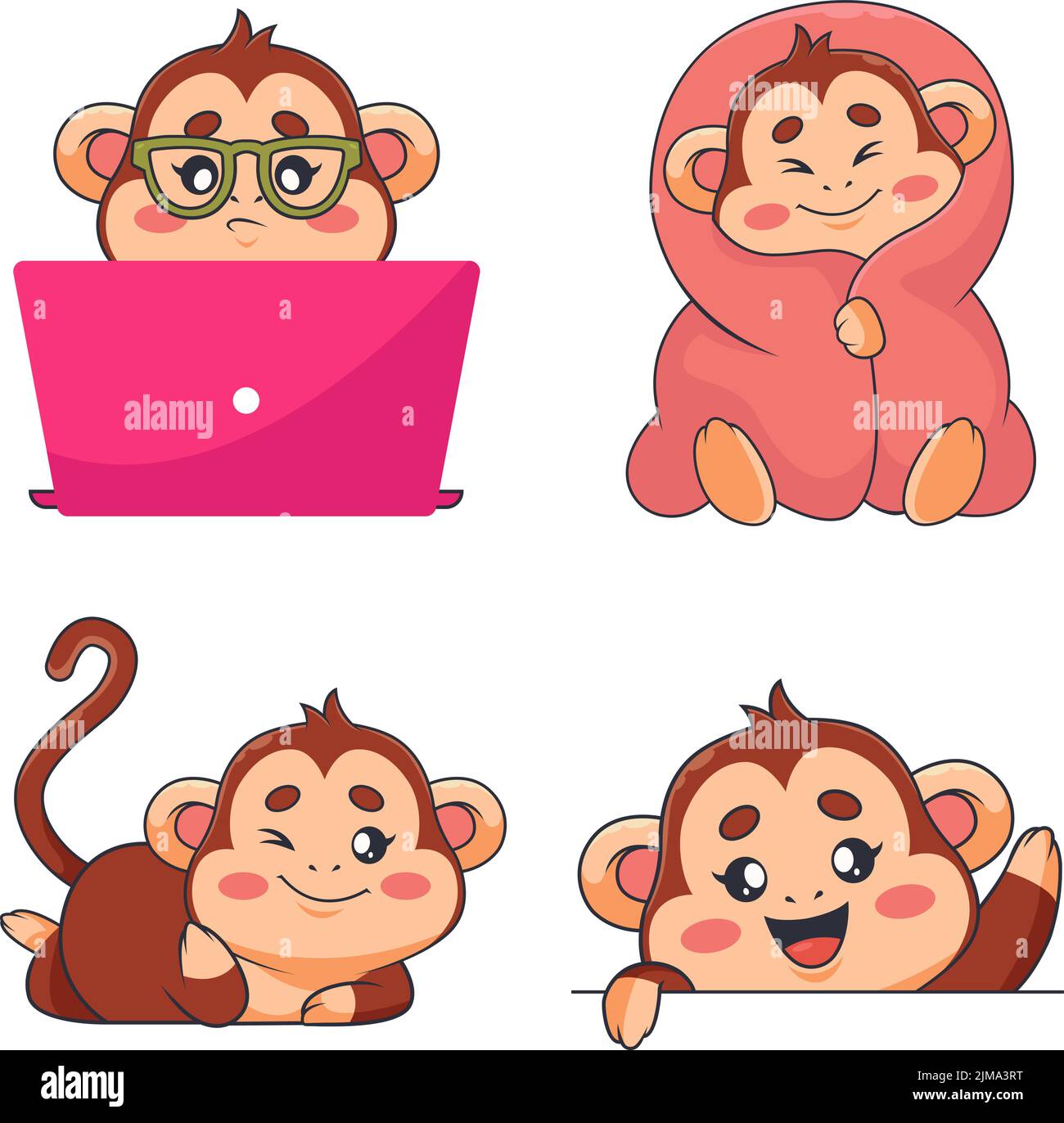 Set of hand-drawn baby monkeys using computer, sitting in towel ...
