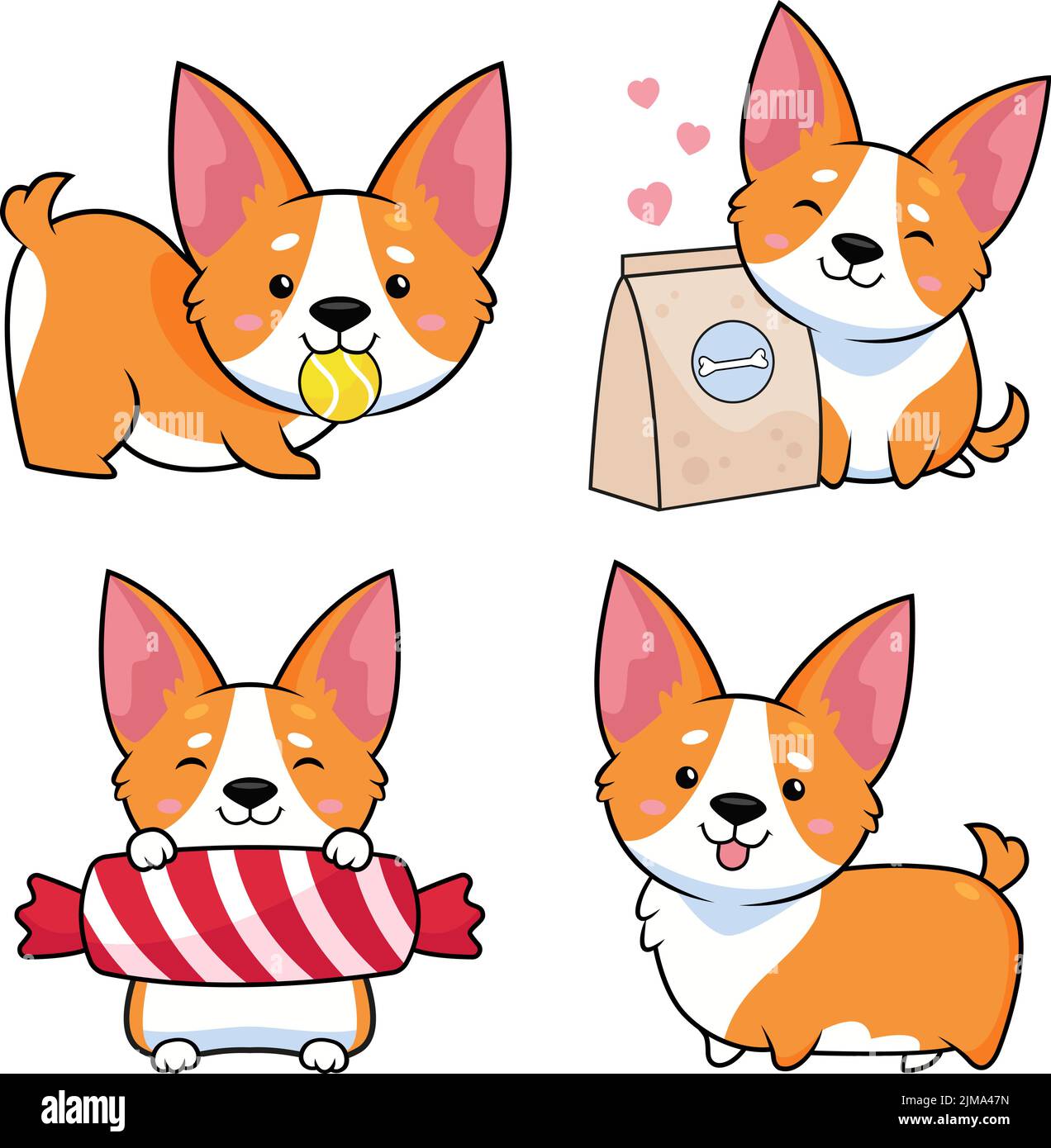 Set of hand-drawn corgis with ball, dog food, candy Stock Vector Image ...