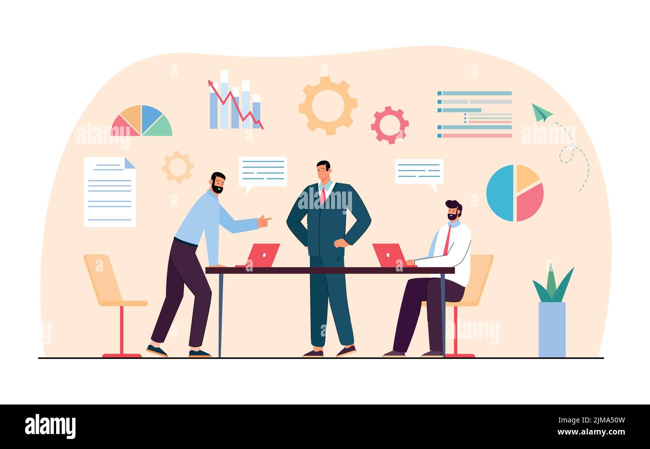 Team of company people working on business project together. Office workers in meeting flat ...