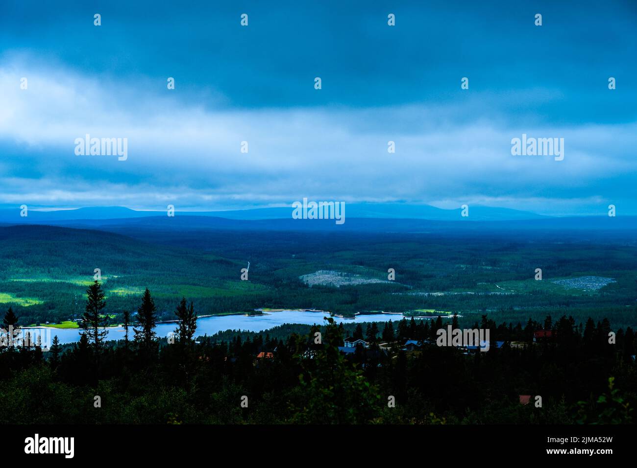 An aerial view of beautiful scenery in Lofsdalen village, Sweden, in ...