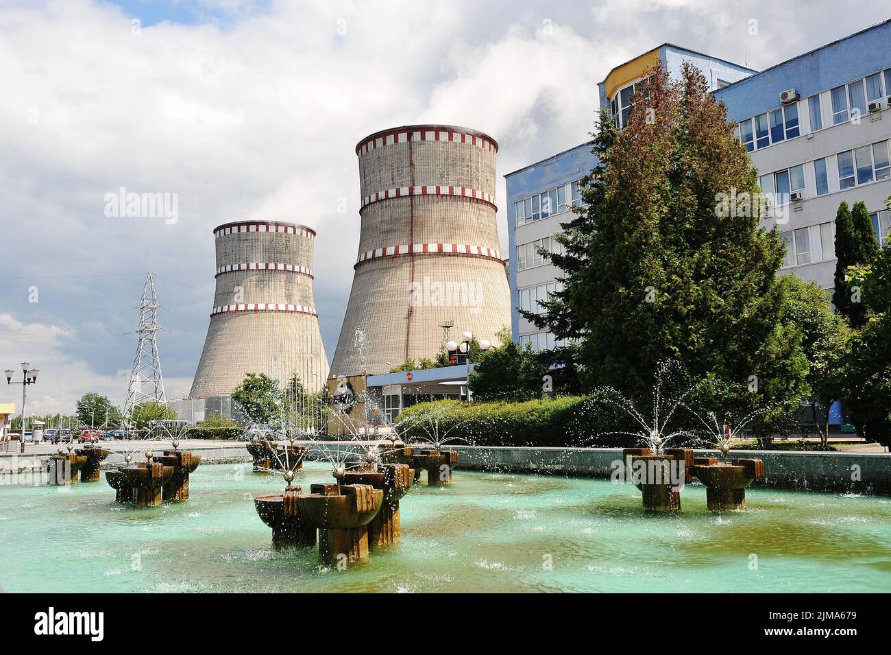 Nuclear power station. Tops of cooling towers of atomic power plant ...