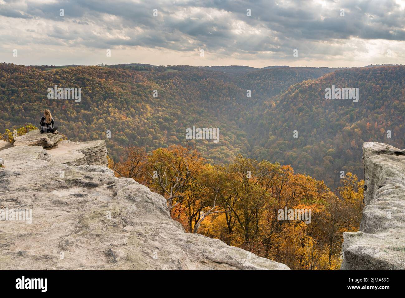 Female Hiker overlooks forest at Coopers Rock State Park WV Stock Photo ...