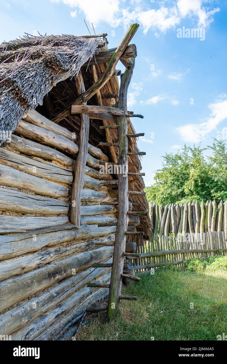 Open-air museum Modra Museum of Great Moravia. Wooden ladder used by ...
