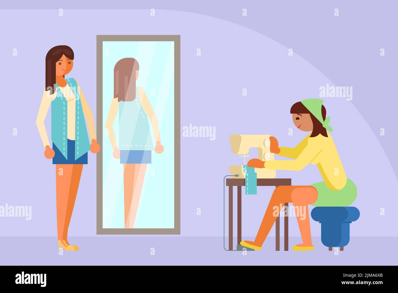 Woman tailor sewing on machine, customer young girl having fitting ...