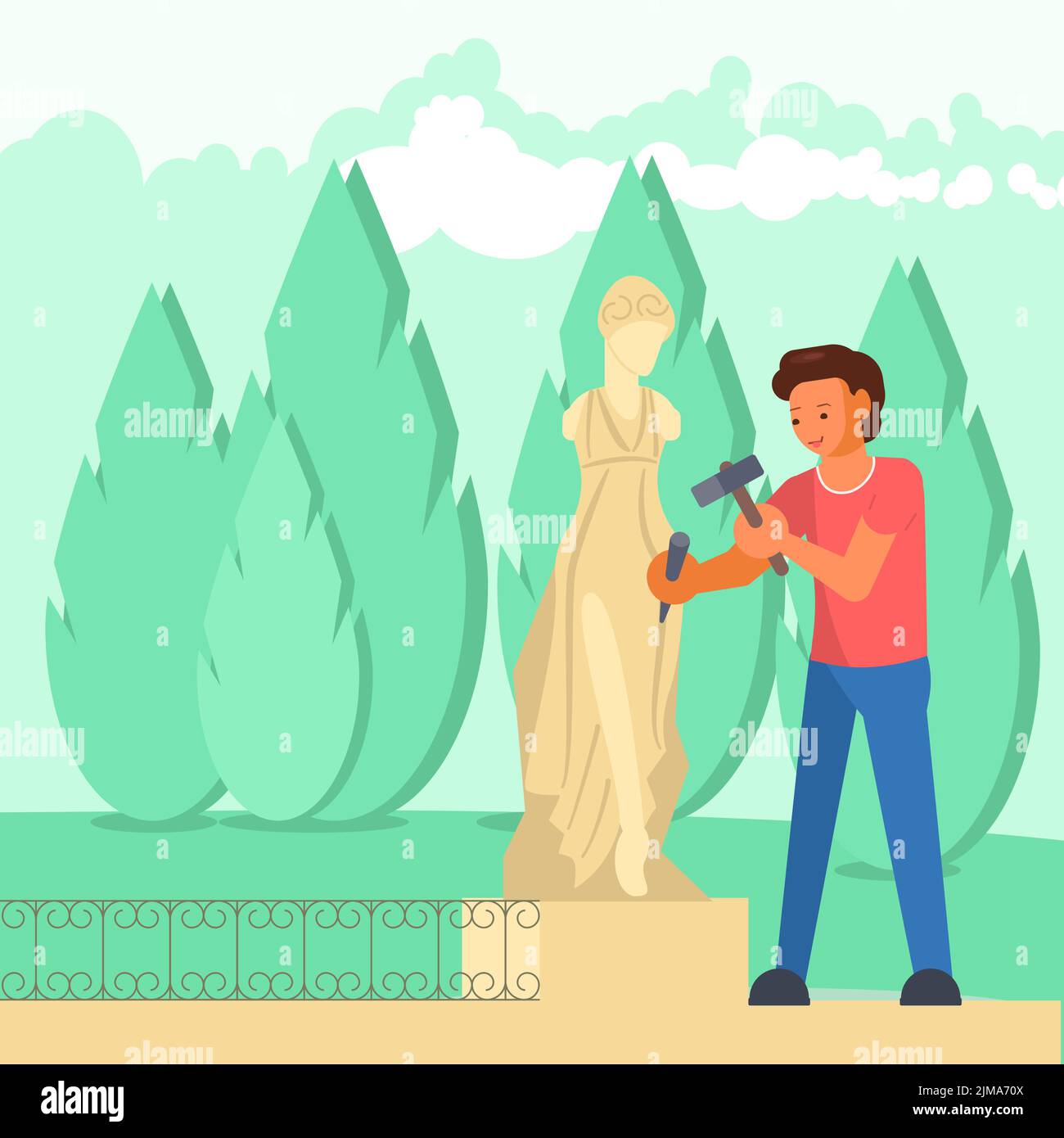 Young man sculptor carving sculpture of woman in park using chisel and ...