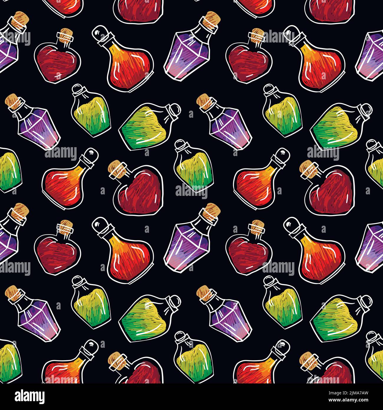 Hand drawn vector seamless pattern of glass bottles with colorful magic ...