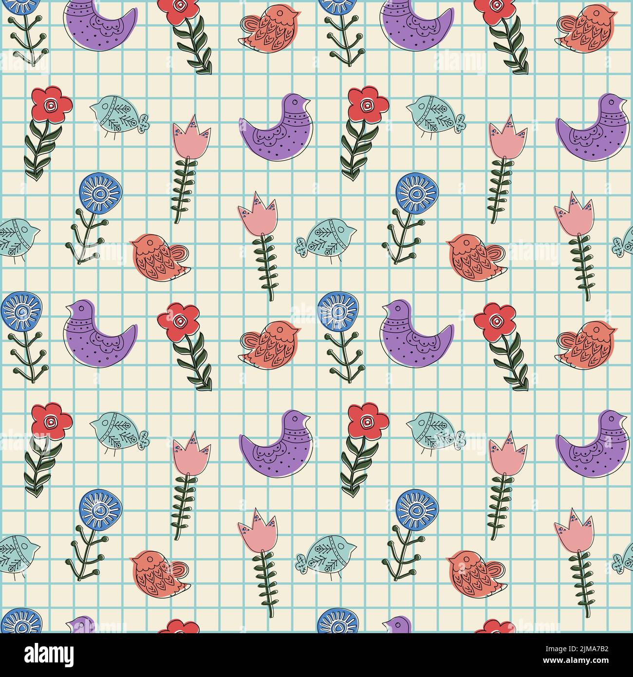 Colorful vector seamless pattern with ethnic hand drawn spring flowers ...