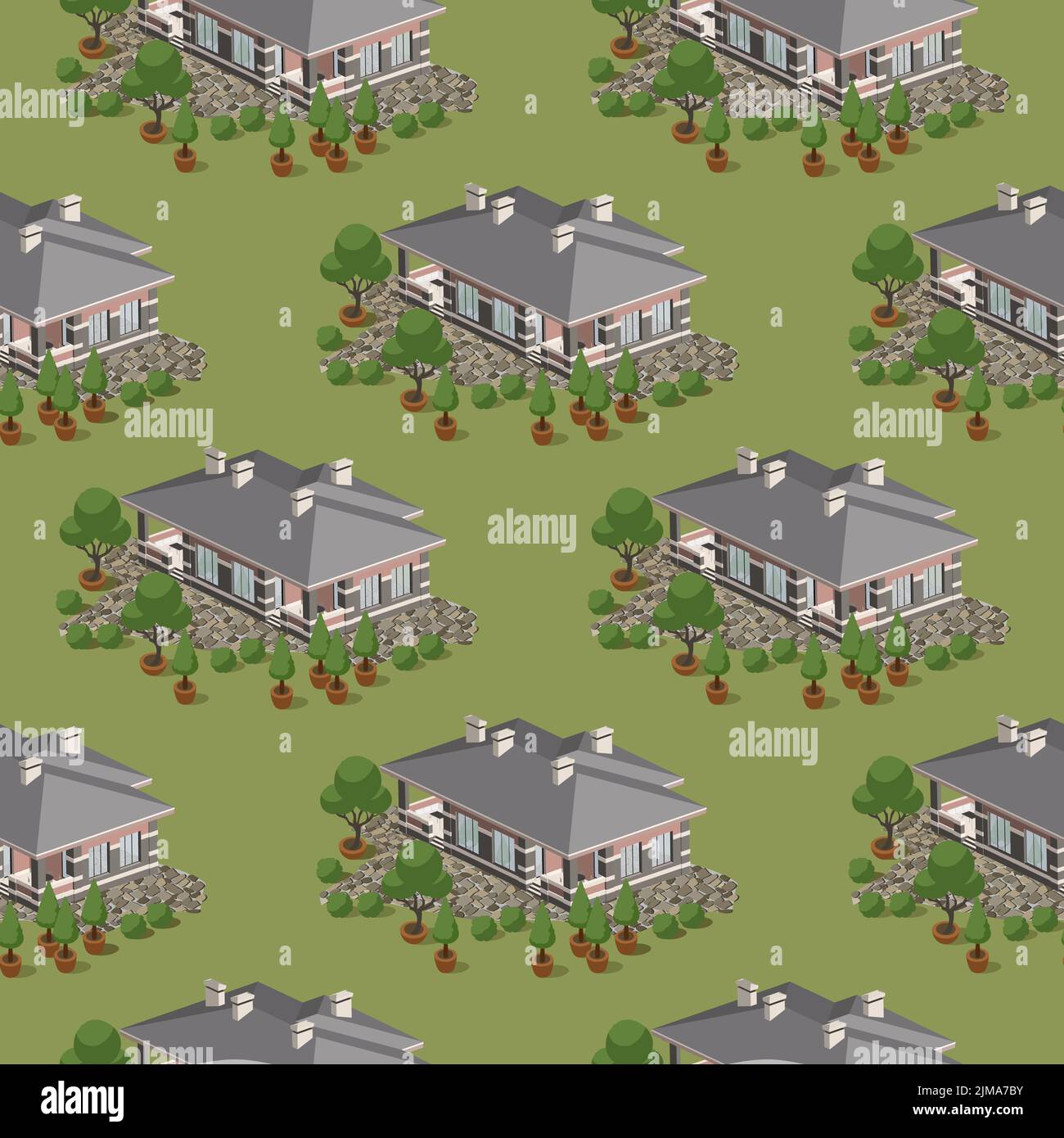 Vector seamless pattern of a private house. Isometric, aerial view ...