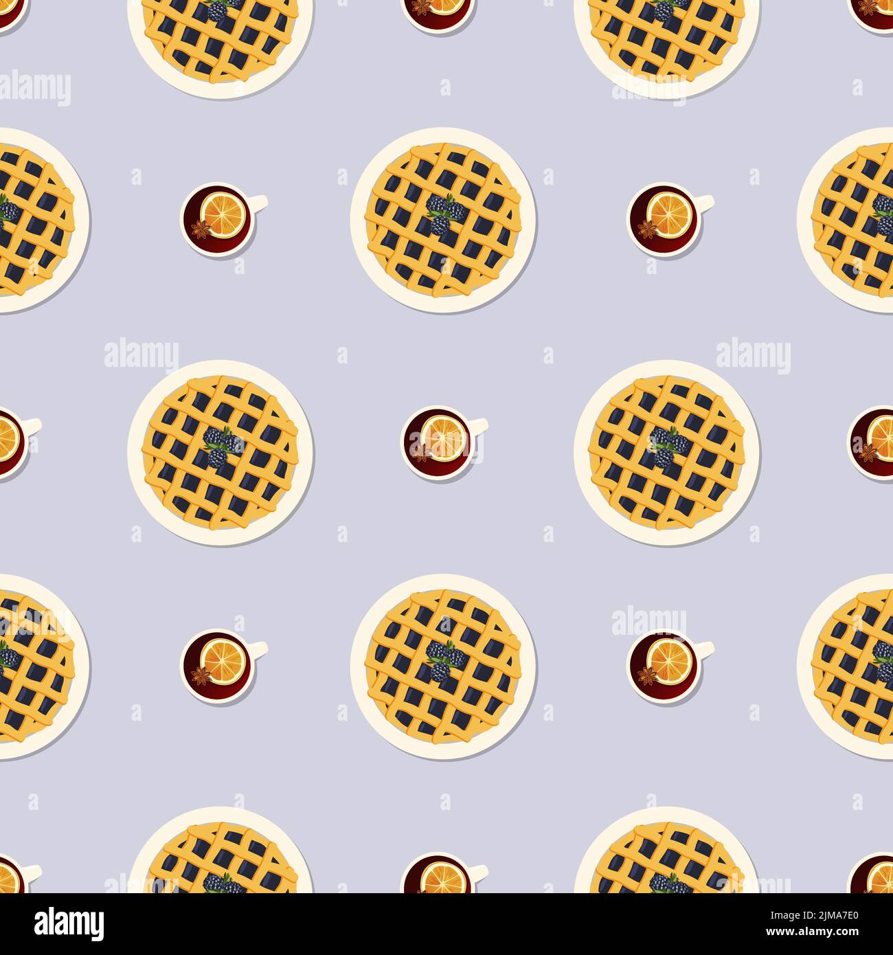 Blackberry vector hand drawn pie and a cup of citrus tea, top view ...