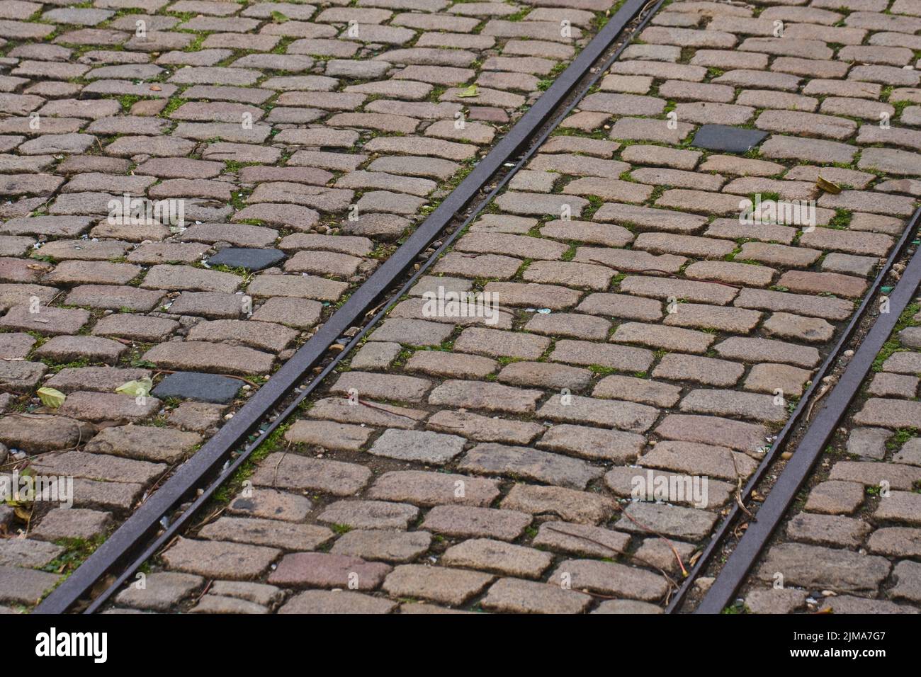 Old tram rails on cobblestone Stock Photo - Alamy
