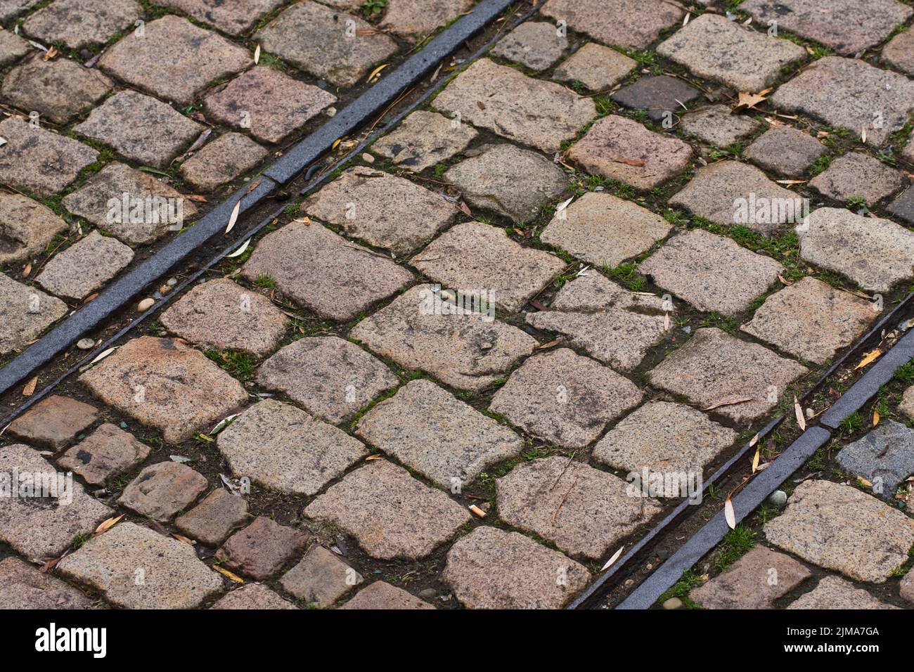 Old tram rails on cobblestone Stock Photo - Alamy
