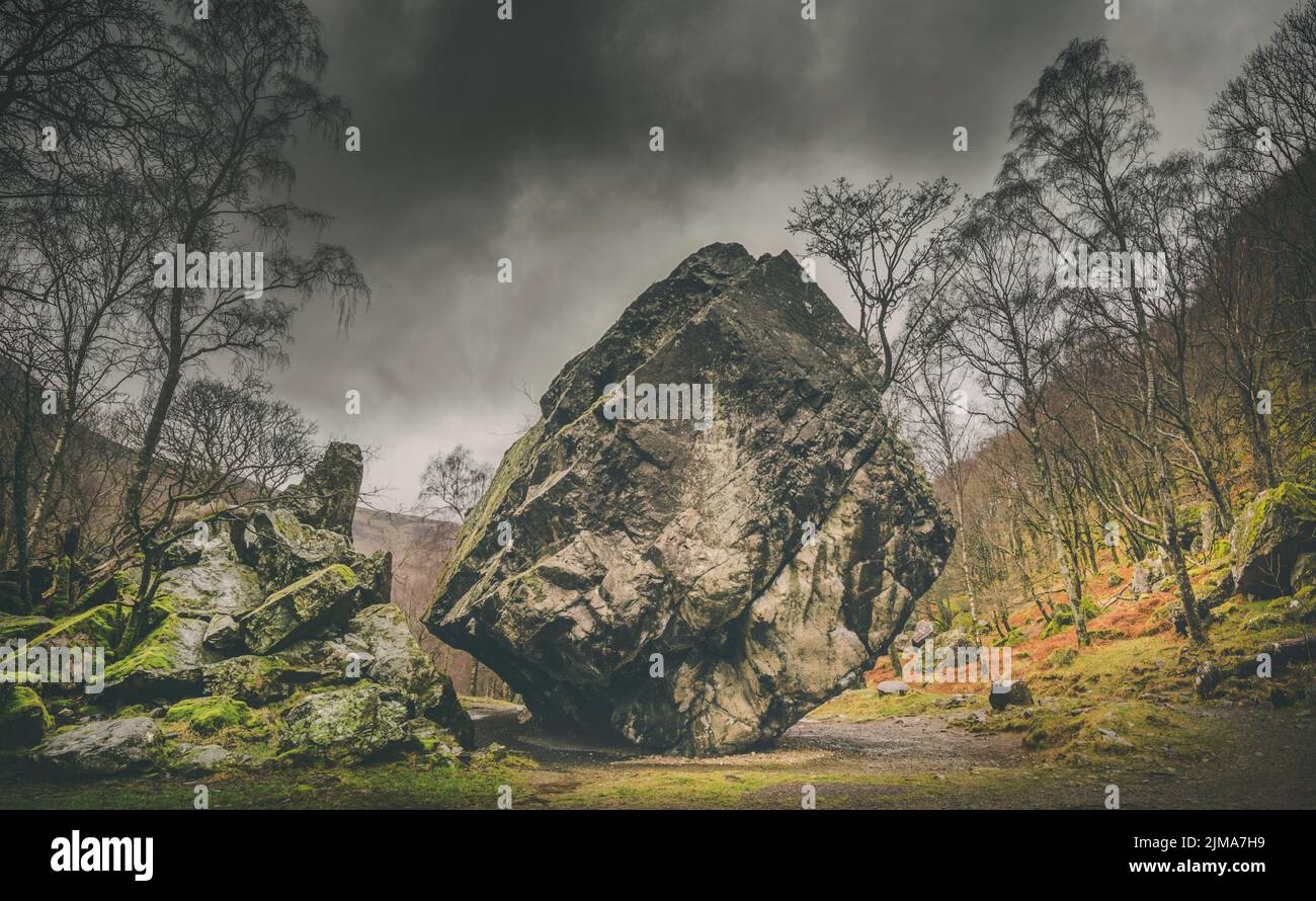 The famous attraction of the Bowder Stone in the Borrowdale valley of ...