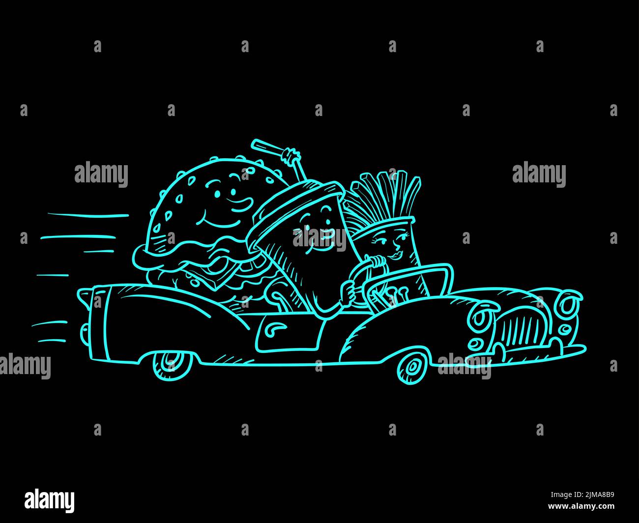 Road restaurant, fast food characters burger drink cola and french ...