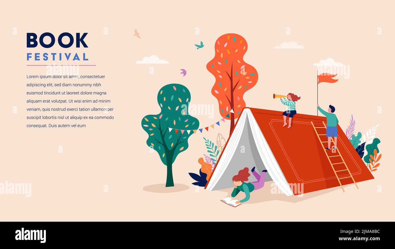 Book festival concept. Little girl reading in the open huge book ...