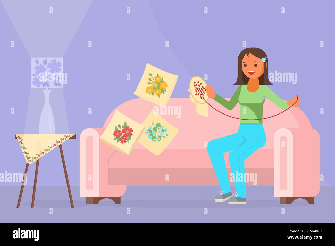 Young girl embroidering vector illustration in flat style Stock Vector ...