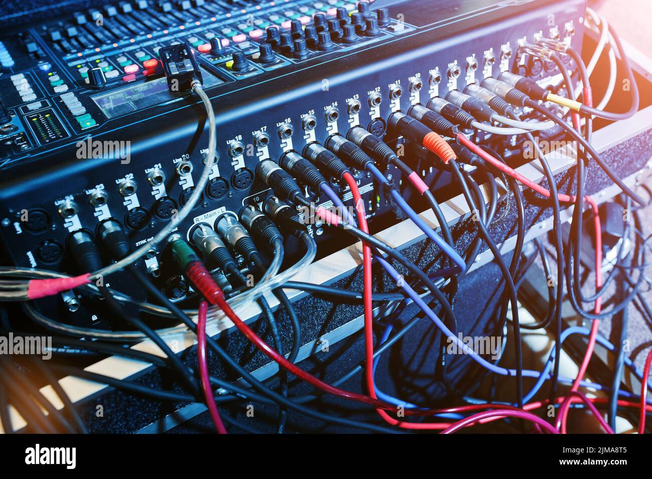 Digital mixing console. Sound mixer control panel, closeup of audio ...