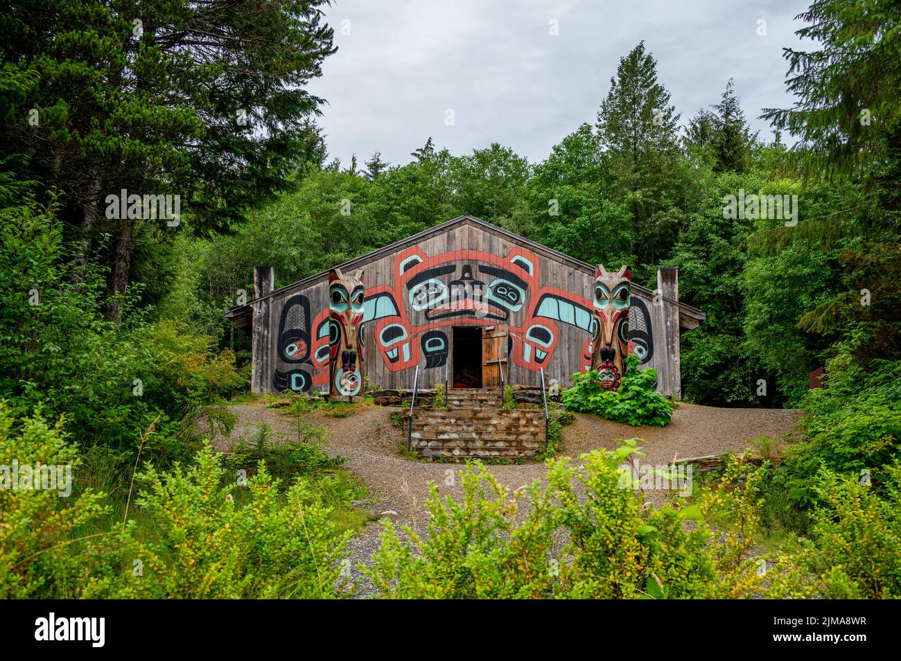 Saxman, Alaska - July 29, 2022: Tlinget totem poles, long house and ...
