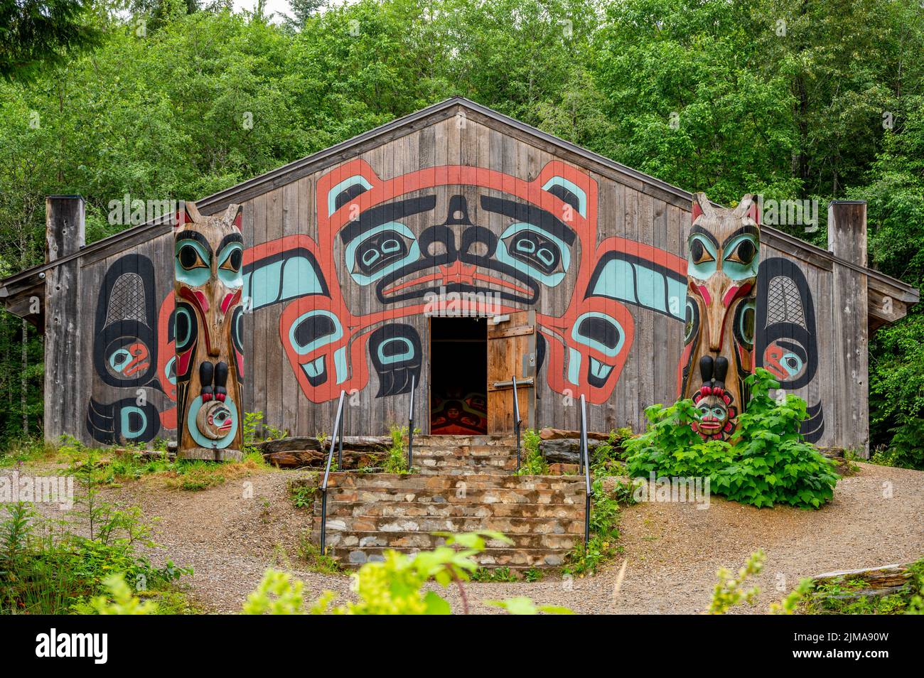 Saxman, Alaska - July 29, 2022: Tlinget totem poles, long house and ...