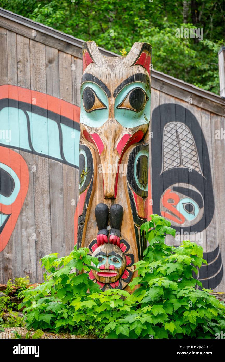 Saxman, Alaska - July 29, 2022: Tlinget totem poles, long house and ...