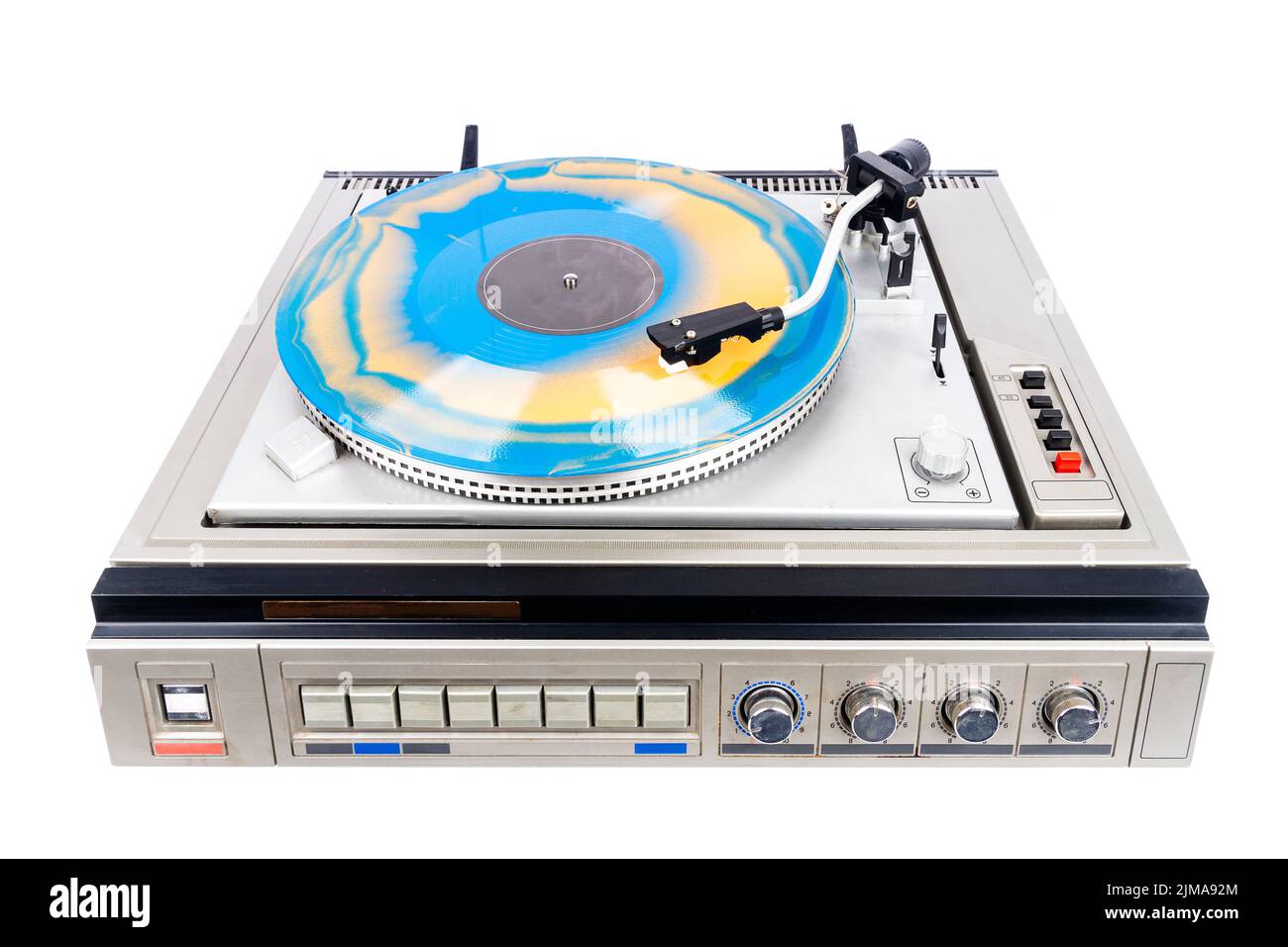 Vintage turntable record player with blue and orange vinyl isolated on ...