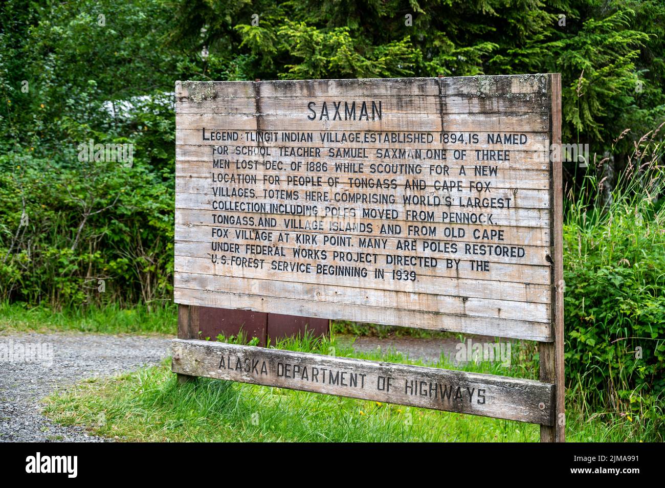 Saxman, Alaska - July 29, 2022: Tlinget totem poles, long house and ...