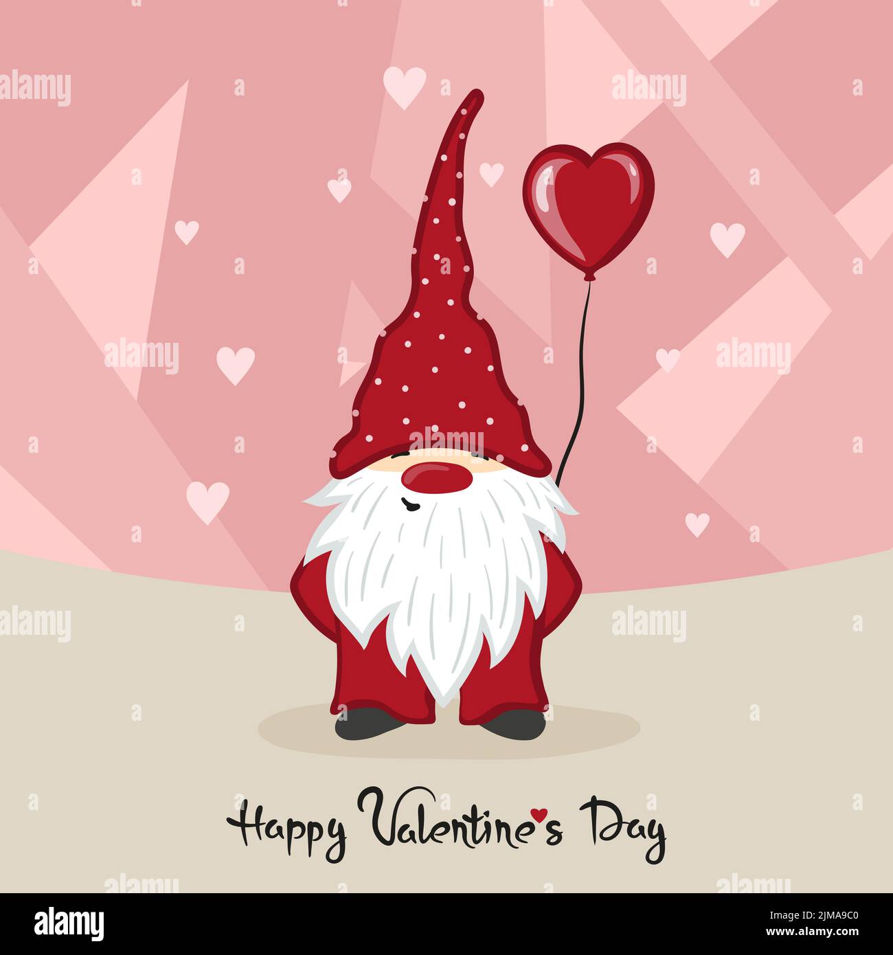 Valentines day card with cute gnome and red heart balloon. Vector ...