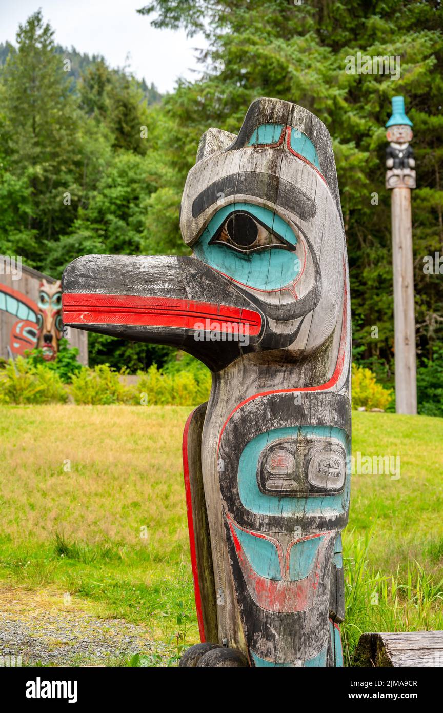 Saxman, Alaska - July 29, 2022: Tlinget totem poles, long house and ...