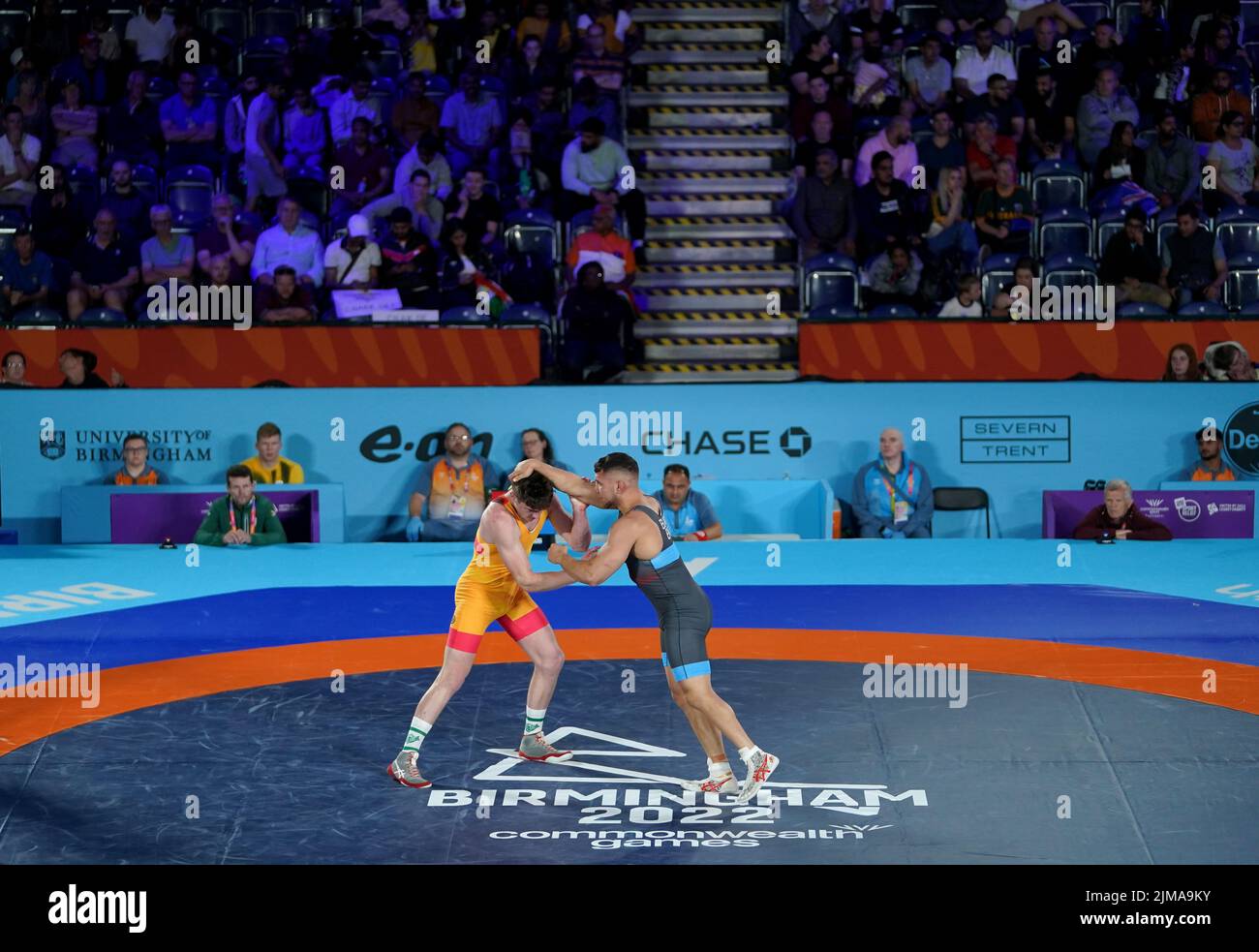 South Africa's Edward Lessing grapples with England's Syerus Eslami ...