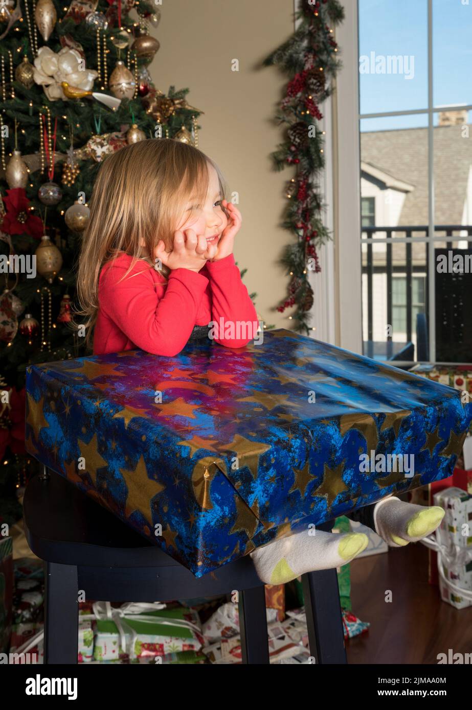 Large wrapped present in the lap of young girl Stock Photo - Alamy