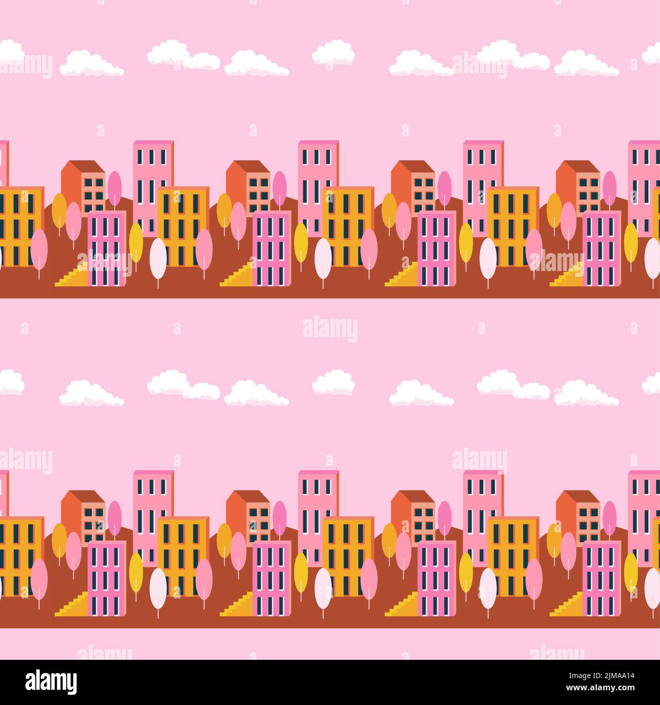 Vector pink seamless pattern of urban landscape with buildings and ...