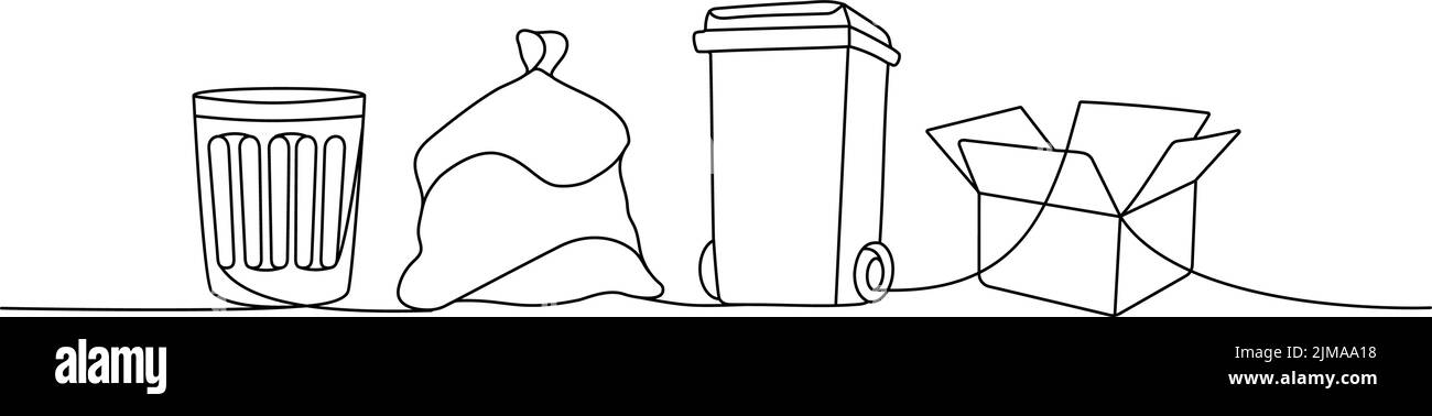 Set of garbage one line continuous drawing. Rubbish, trash can, garbage ...