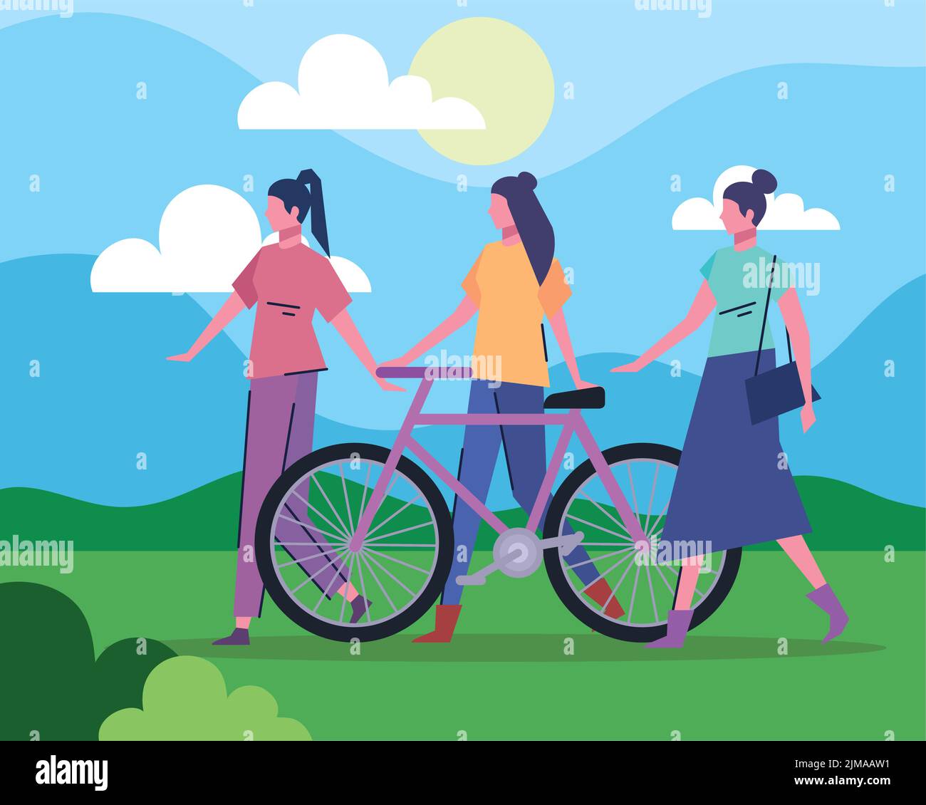 girls group in landscape Stock Vector Image & Art - Alamy