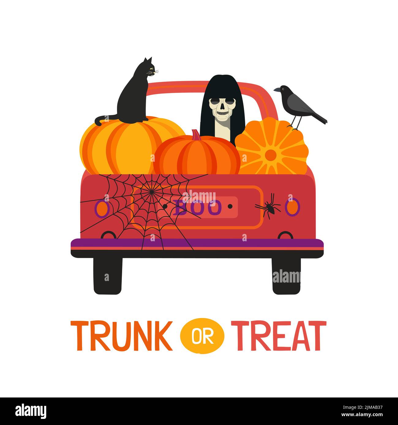 Fancy Halloween Trunk or Treat flat vector poster. Holiday truck with ...