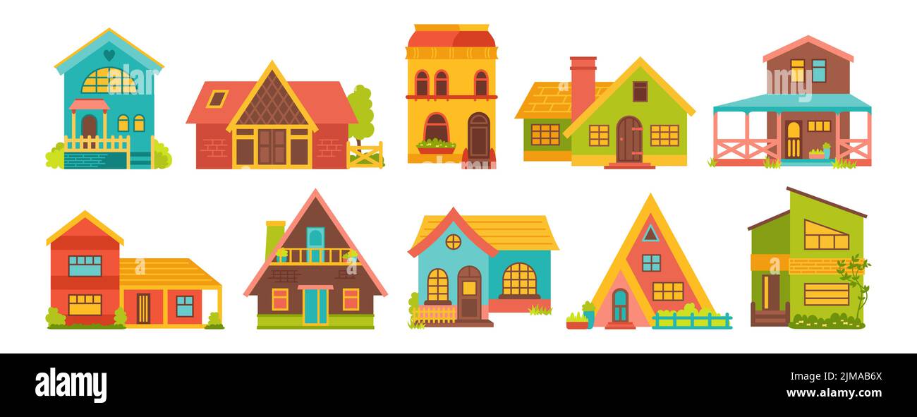 House front flat cartoon set. Various facade village or urban, small ...