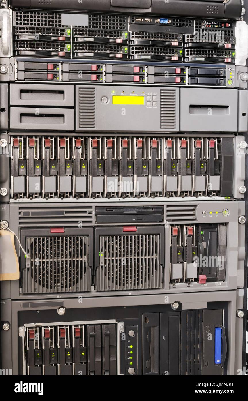 Fragment of rack mounted telecommunication box with IT equipment Stock ...