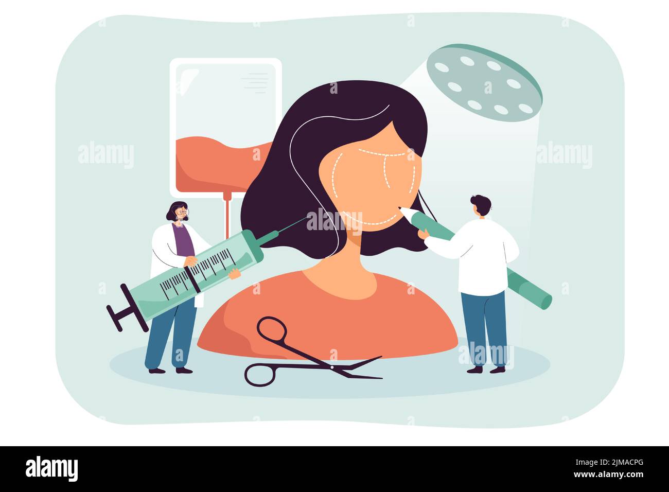 Tiny medical professionals examining huge face of woman. Cartoon ...