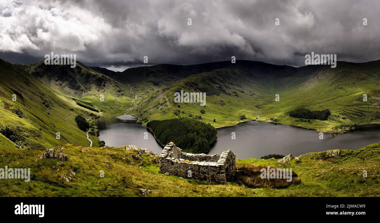 Haweswater Reservoir seen from the Old Corpse Road in the Lake District ...