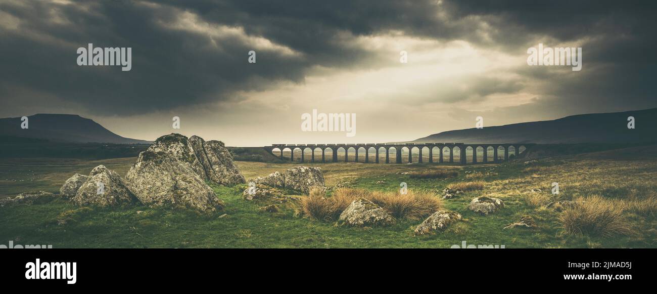 Ribblehead Viaduct and Ingleborough view with freight train on the ...