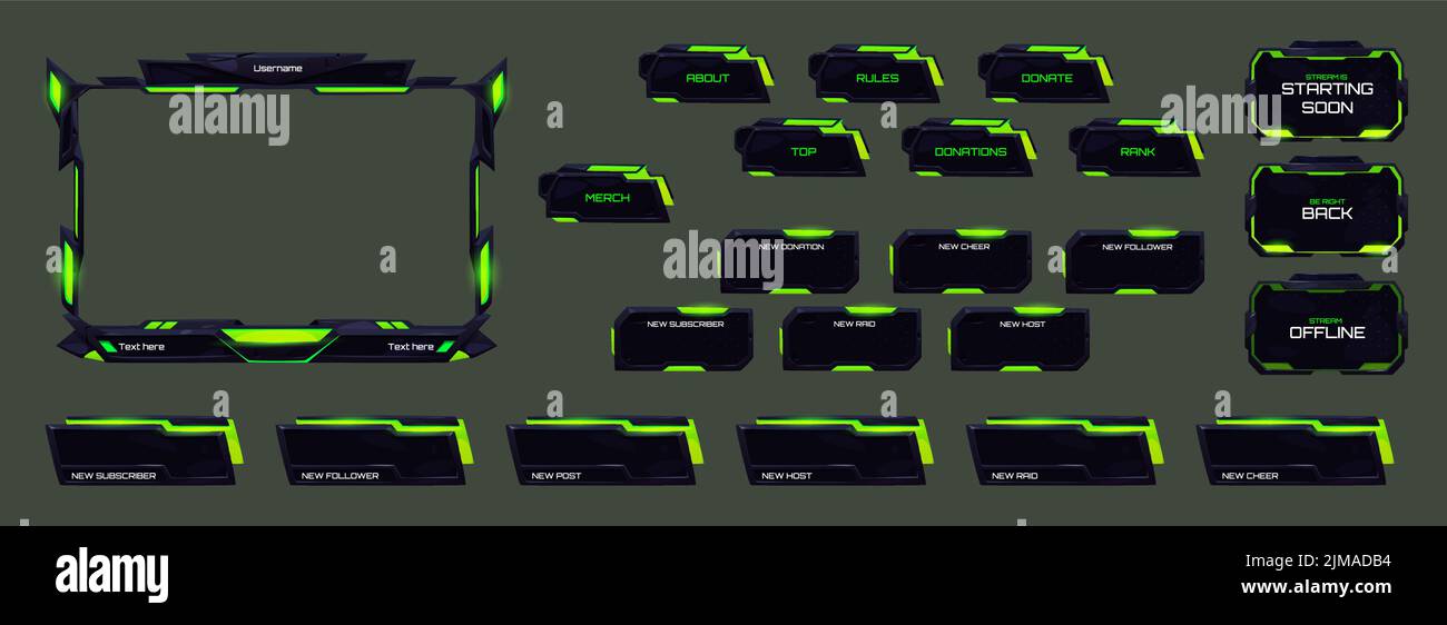 Game live video stream interface elements in futuristic style. Vector cartoon overlay panels and ...