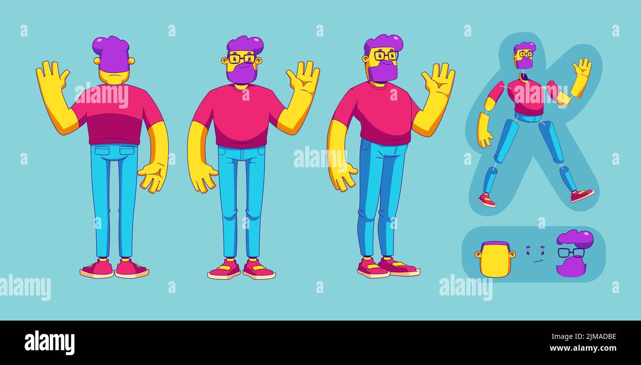 Male character front, back, side view contemporary cartoon set. Vector ...