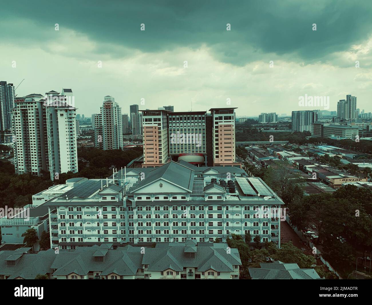The aerial view of Selangor Malaysia city buildings on a rainy day ...