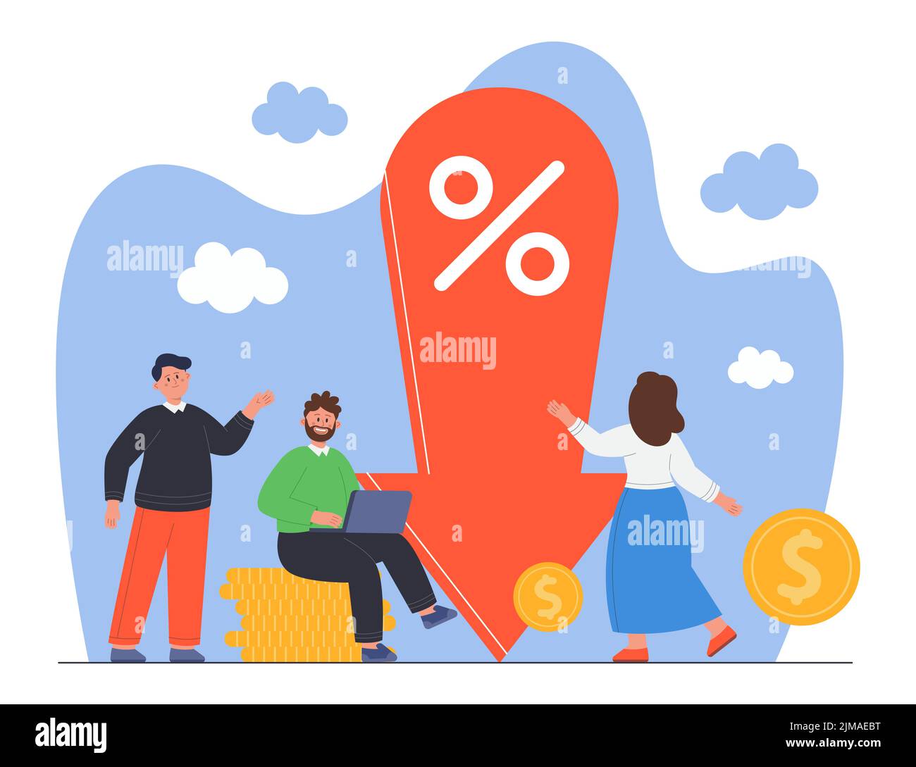 Tiny male and female characters standing near arrow down showing percentage decrease. Financial ...