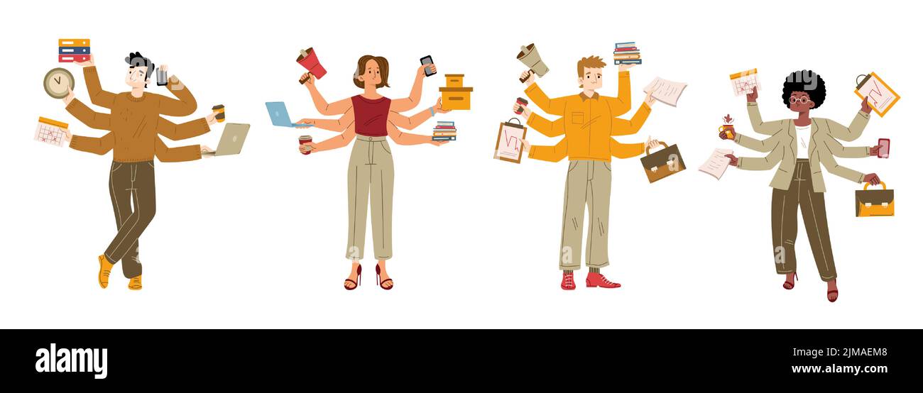 Busy characters multitask, business men and women with many hands ...