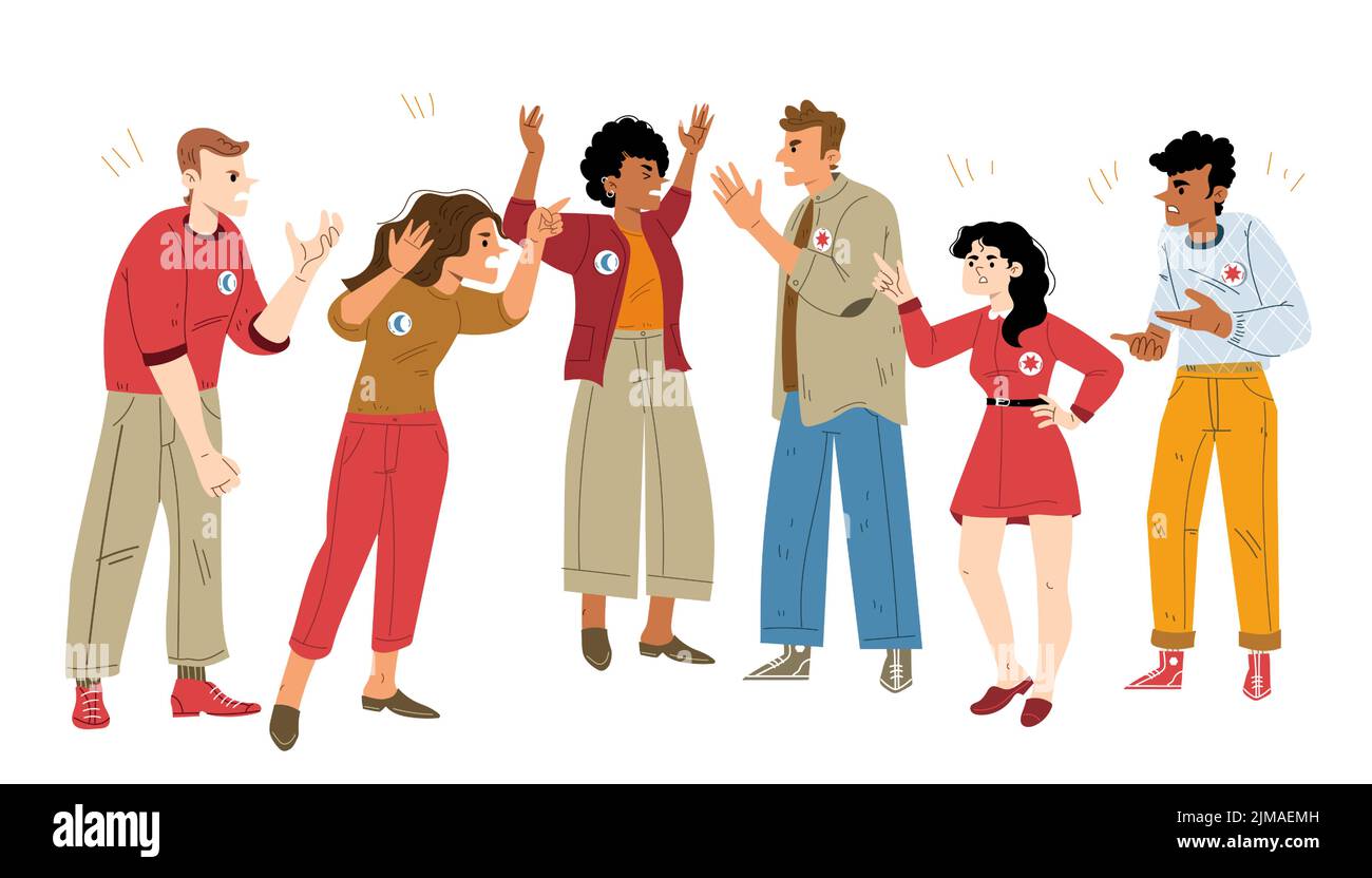 Angry business team conflict, furious men and women quarrel and fight ...