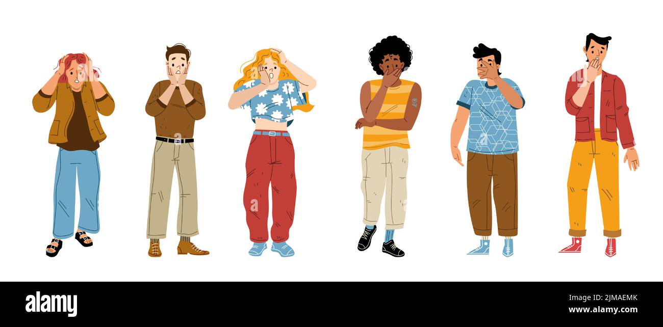 People shock face, scared or surprised men and women with open mouths ...